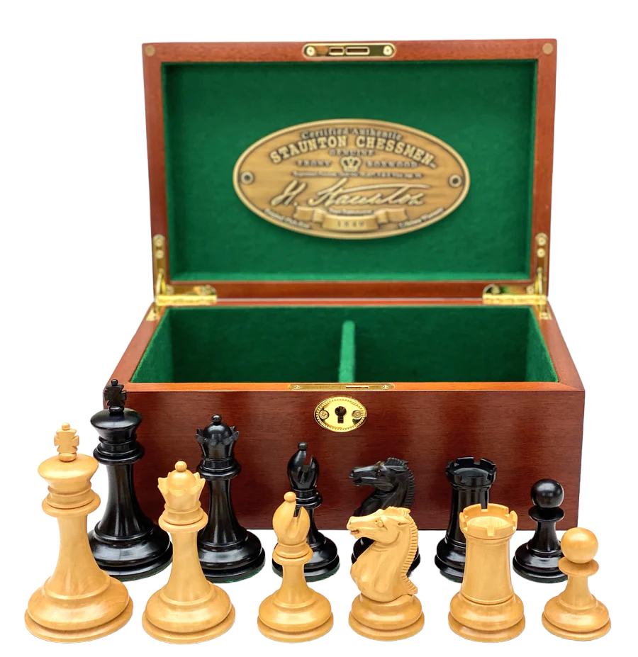 Black Old English Chess Pieces with a Mahogany Box